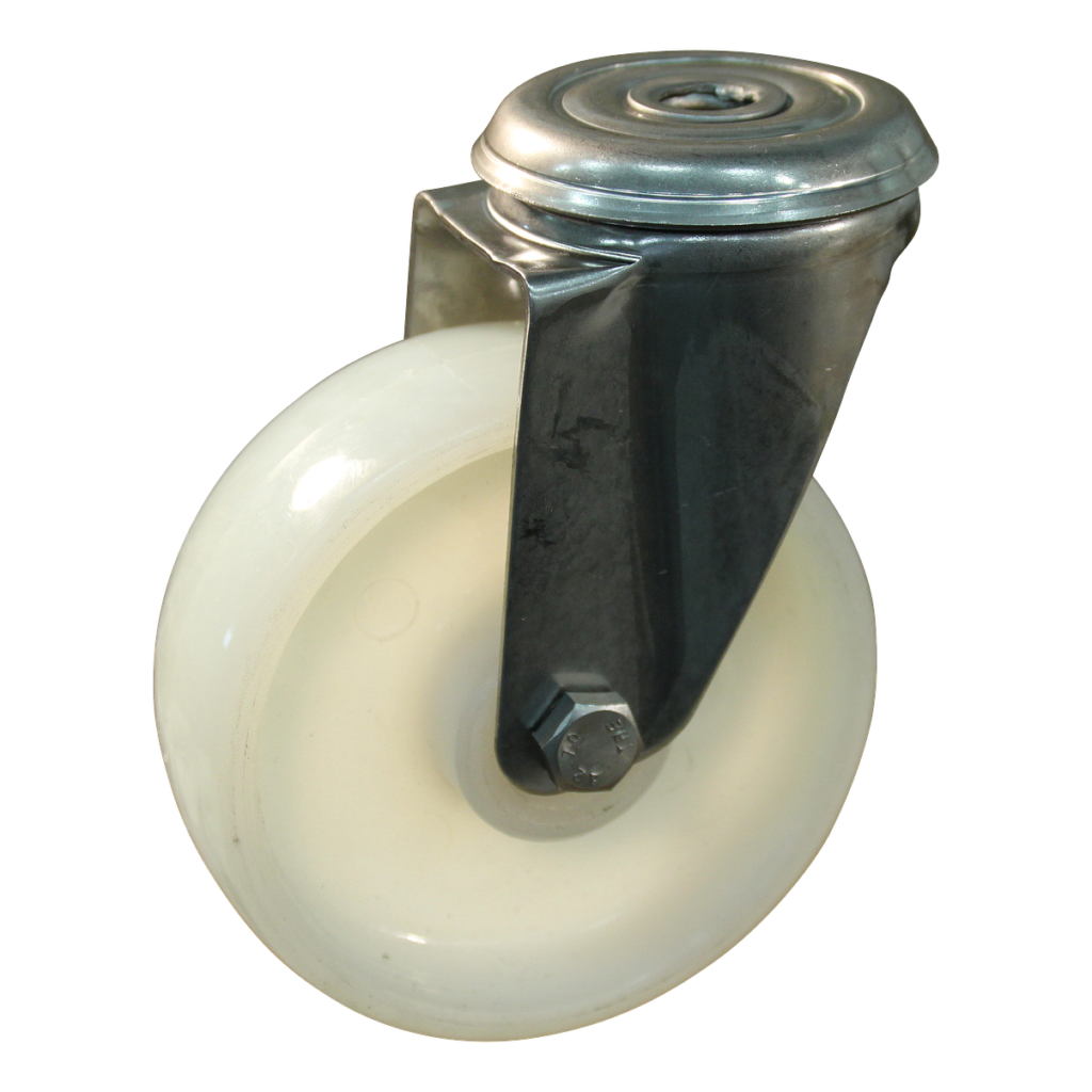Rvs zwenkwiel, 100mm diameter, PP loopvlak, rollager RVS - Rollers.nl