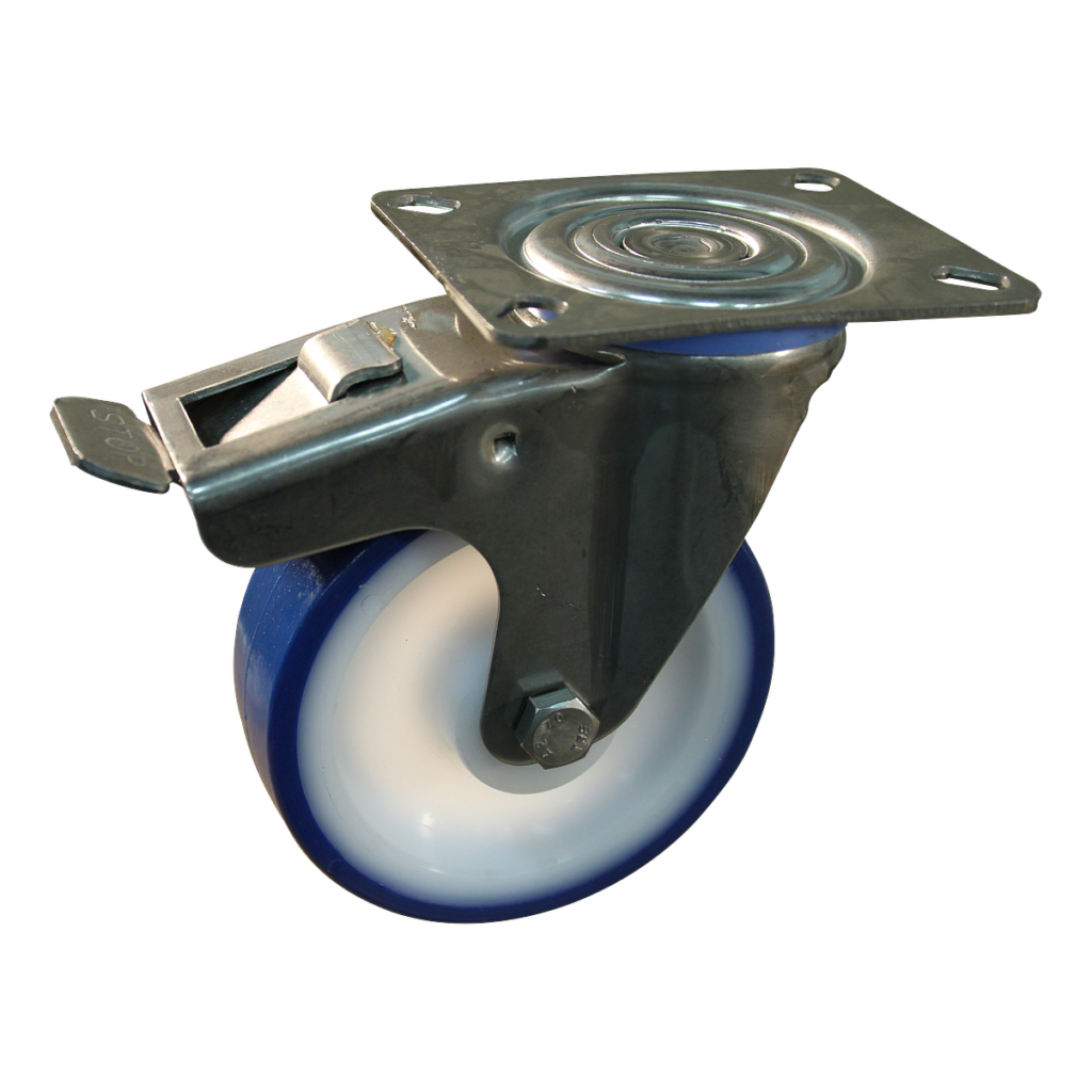 Rvs zwenkwiel, 100mm diameter, PU loopvlak, rollager RVS, dubbele rem ...