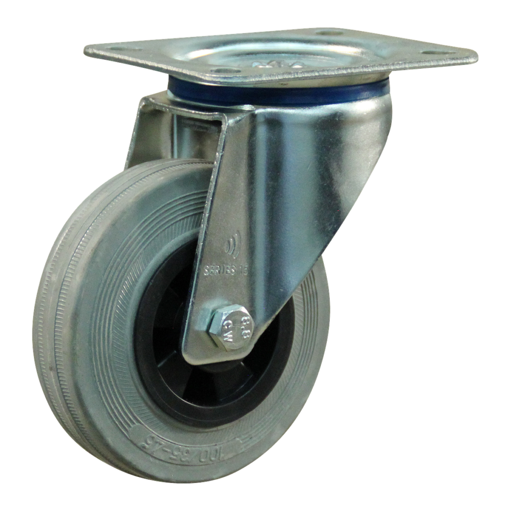 Stalen zwenkwiel, 100mm diameter, rubber loopvlak, rollager - Rollers.nl