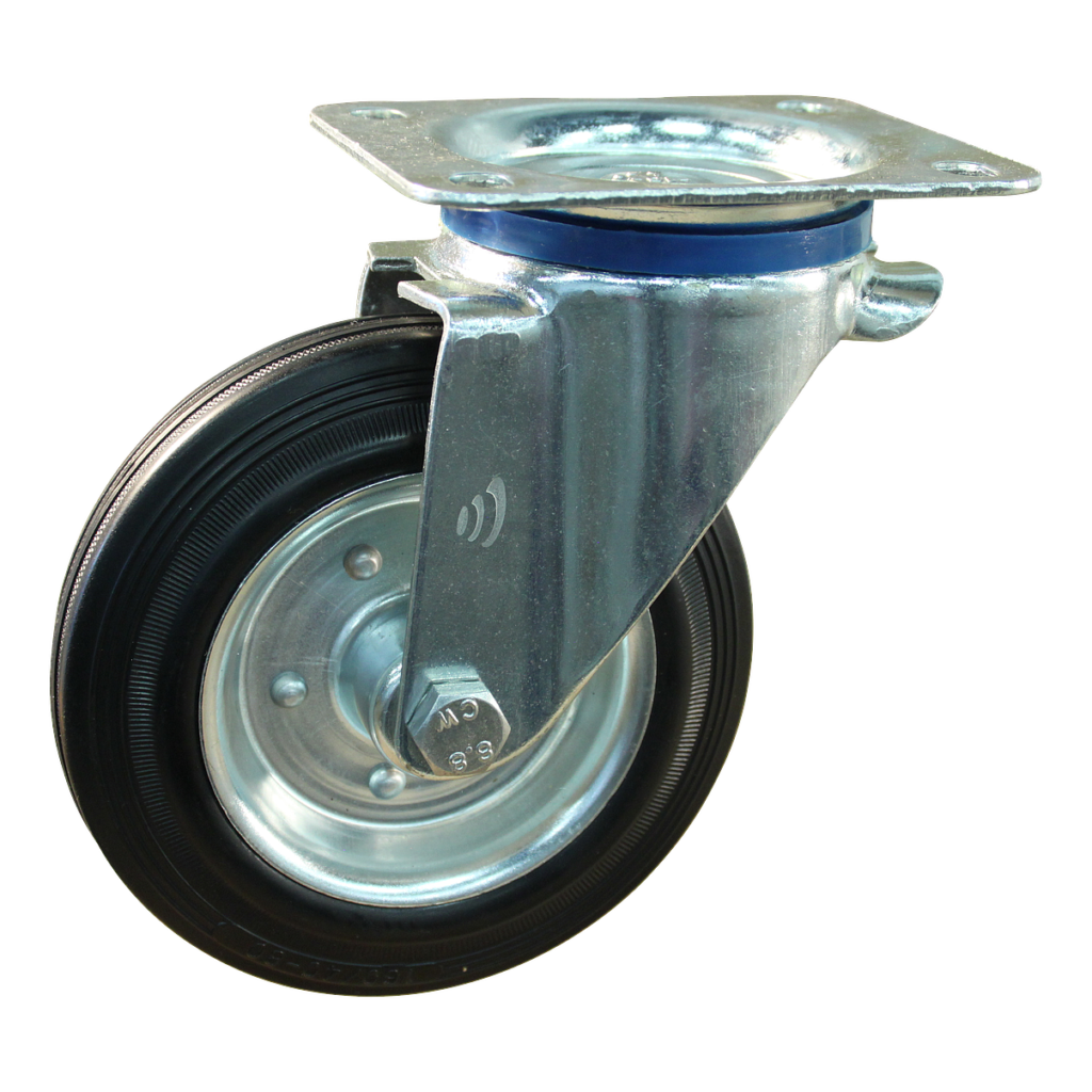 Stalen zwenkwiel, 200mm diameter, rubber loopvlak, rollager - Rollers.nl