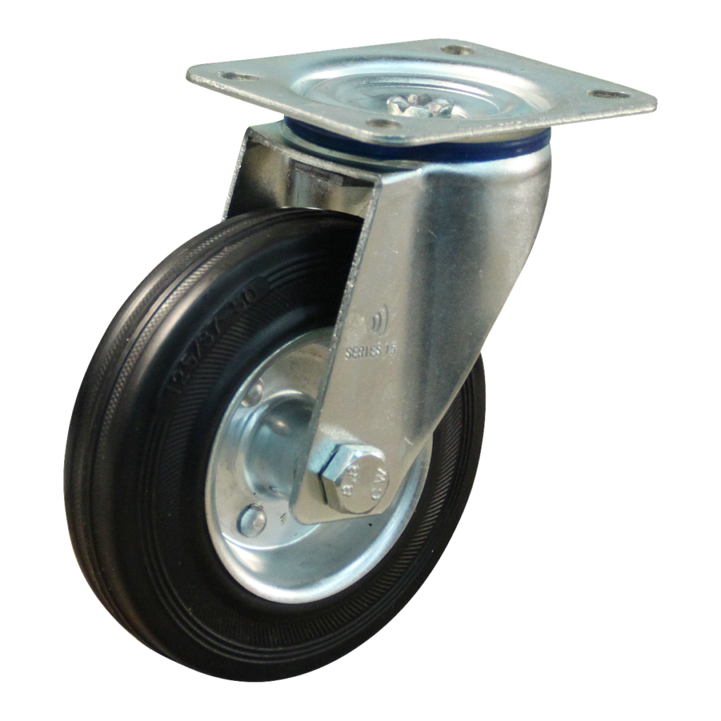 Stalen zwenkwiel, 80mm diameter, rubber loopvlak, rollager - Rollers.nl